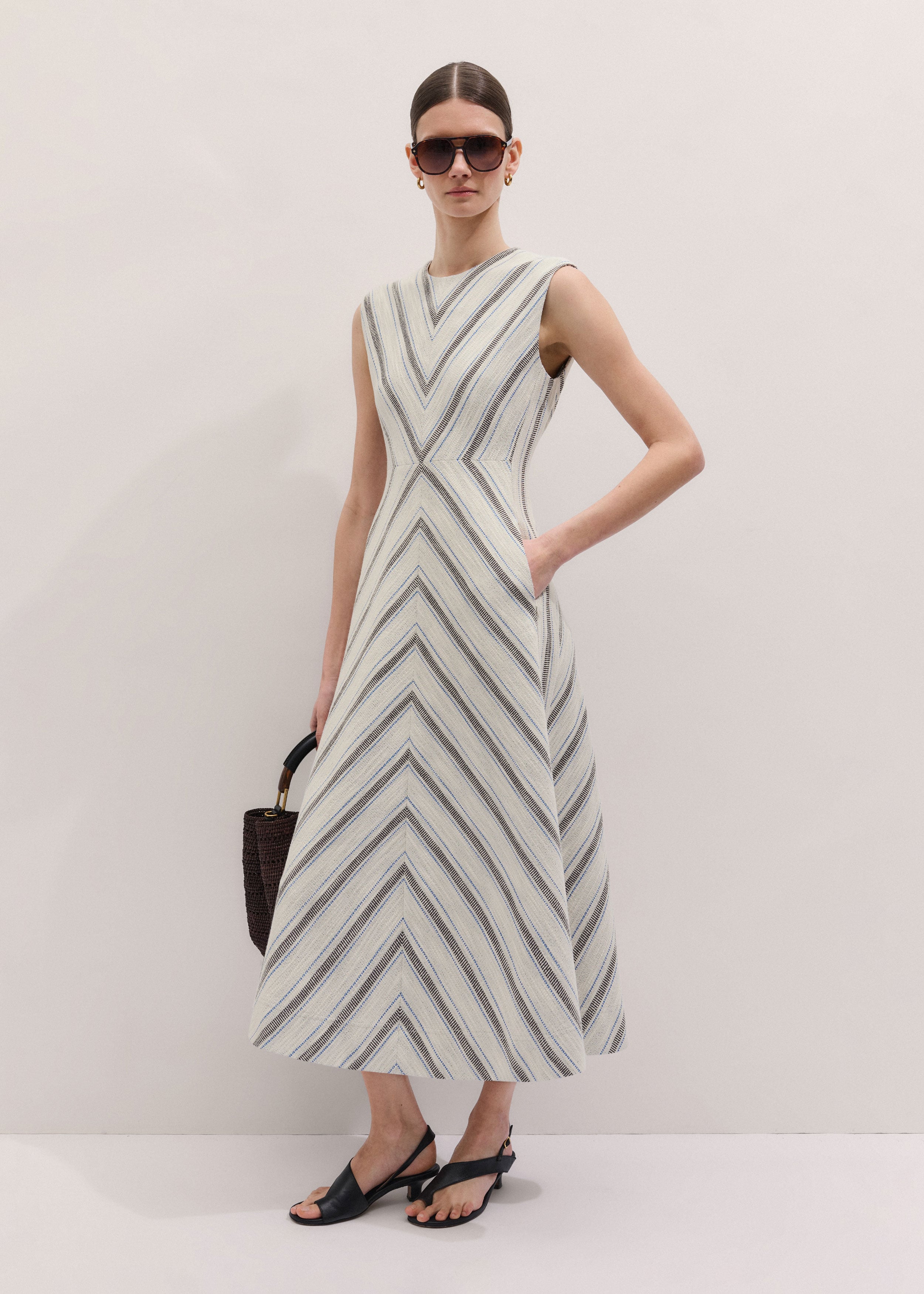 ME+EM Textured Stripe Fit and Flare Midi Dress